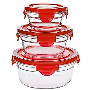 Glasslock Round Oven and Microwave Safe Container Set Anti Spill Proof with Red Lids (6-Piece)