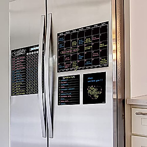 JJPRO Magnetic Chalkboard Monthly Calendar - Reward Chore Chart Blackboard combo set with Neon Bright Liquid Chalk Markers - Bonus Grocery List and Notepad Blackboard for Refrigerator Included