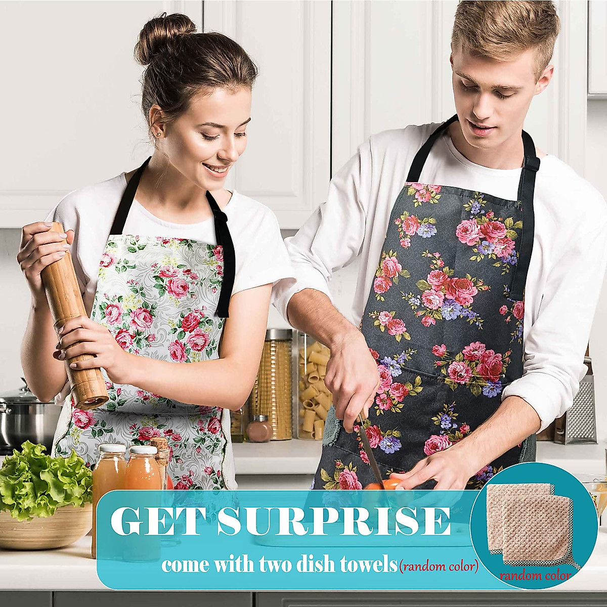 2 Pack Aprons for Women with 3 Pockets, Adjustable Waterproof Kitchen Bib Apron with 2 Towels for Chef Servers Grilling Cooking Baking, Plus Size Rose Flowers Aprons for BBQ Painting Gardening