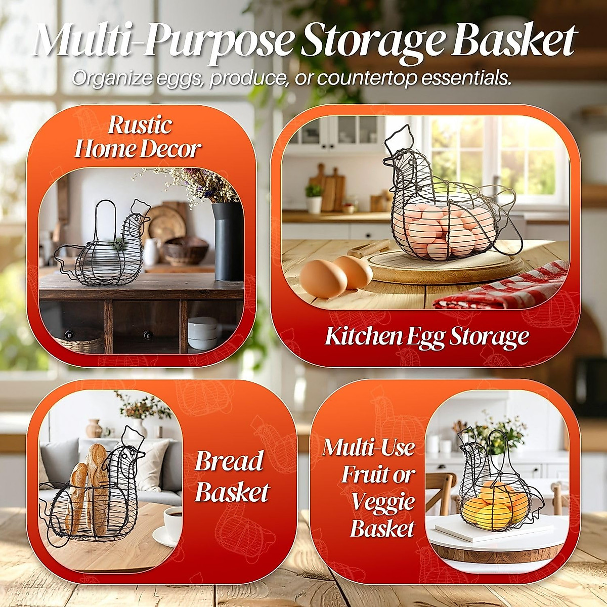 Flexzion Chicken Egg Holder, Small Wire Egg Collecting Basket with Handle for Farm Eggs, Fruits, Vegetables, Metal Wire Chicken Basket Decor for Kitchen, Countertop, Farmhouse Rustic Style, Black