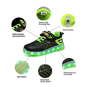 YUNICUS Boys Shoes, LED Light Up Shoes Kids Girls Boys Breathable Flashing Sneakers (Toddler 10M, Black/Green)
