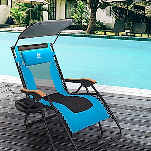 Coastrail Outdoor Zero Gravity Chair Reclining Lounger with Sun Shade, Padded Seat, Mesh Back, Pillow, Cup Holder & Side Table for Sports Yard Patio Lawn Camping, Aqua/Black