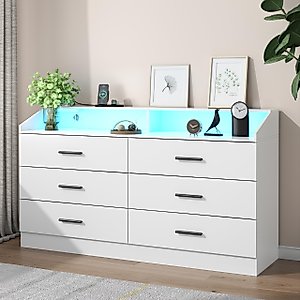 Gyfimoie 6 Drawer Dresser with Power Outlet, Chest of Drawers with LED Light, Modern Dresser with Open Storage Cubby, Double Wide Dresser Organizer for Bedroom, Living Room, Entryway, Hallway