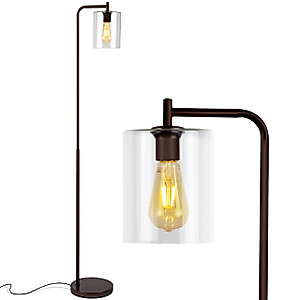Brightech Elizabeth LED Floor lamp, Tall Lamp with Glass Shade & Edison Bulb, Industrial Lamp for Living Rooms & Offices, Vintage Standing Lamp for Bedroom in Farmhouse or Rustic Style - Bronze