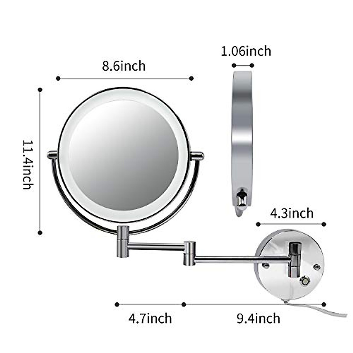Jolitac 8.5 Inch LED Makeup Mirror Wall Mount, 10X/1X Magnification Chrome Personal Make Up Mirror Round Shaped, Double-Sided Swivel Vanity Mirror Touch Button Adjustable Light for Bathroom