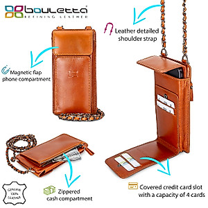 BOULETTA Crossbody Bag Cellphone Purse for Women-Leather Zipper Shoulder Wallet with Phone Pocket and Chain Strap 4 Card Slots Small