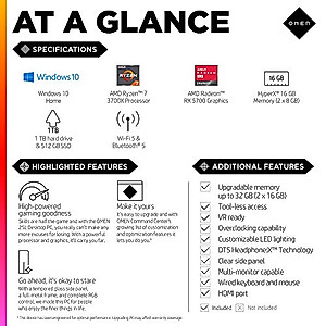 OMEN 25L Gaming Desktop PC, AMD Radeon RX 5700, AMD Ryzen 7 3700X, HyperX 16 GB DDR4 RAM, 1 TB SATA Hard Drive & 512 GB PCIe NVMe SSD, Windows 10 Home, VR Ready, RGB Lighting (GT12-0050, 2020 Model)