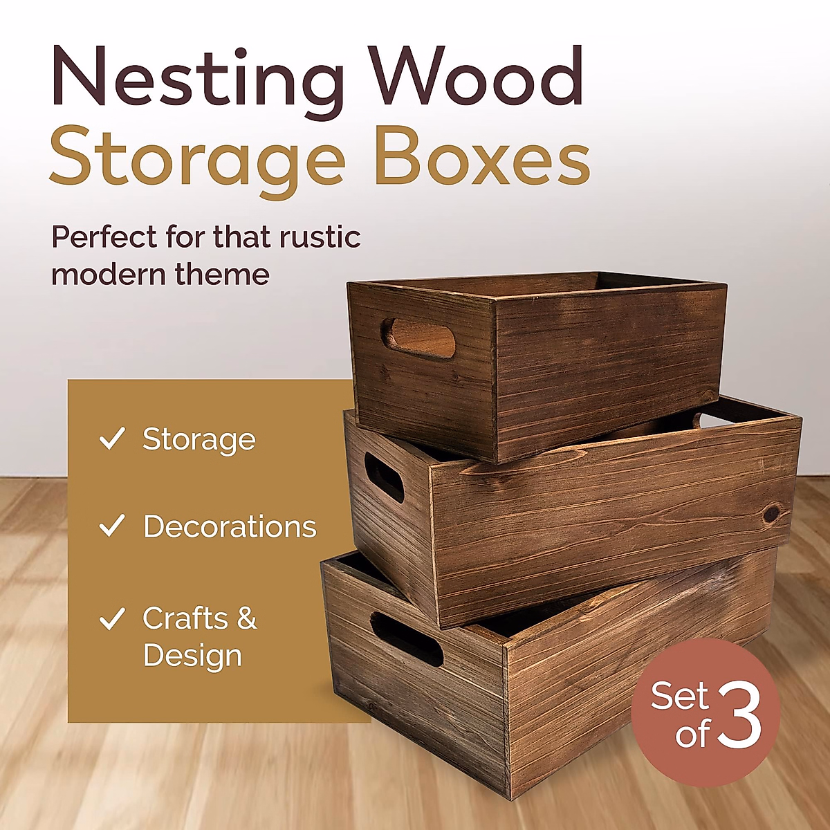 Steezu Nesting Wood Storage Boxes, Burnt Umber Stained Wooden Crate, Use as a Decorative Box, Rustic Decor Piece, Kitchen Storage and More, Wooden Box Set of 3