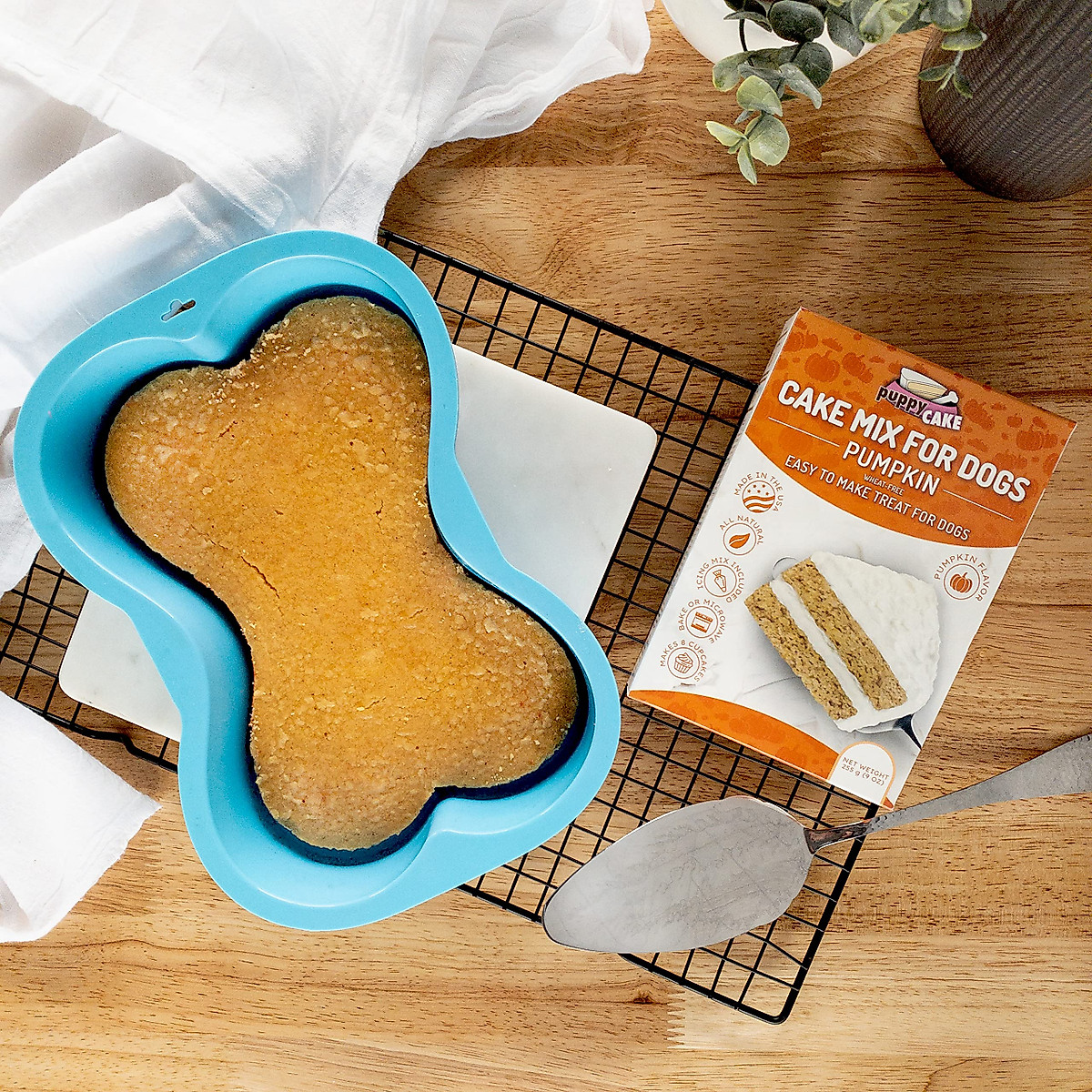 Puppy Cake Mix Dog Birthday Cake Kit, with Bone Silicone Pan and Candles (Pumpkin, Blue) Made in USA