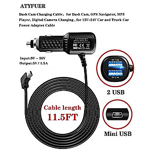 ATYFUER Dash Cam Hardwire Kit GPS Charger Cable GPS Navigator Charger Cable Mini USB Hard Wire Kit Dash Cam Power Cable for 12V Car and 24V Truck（11.5ft）