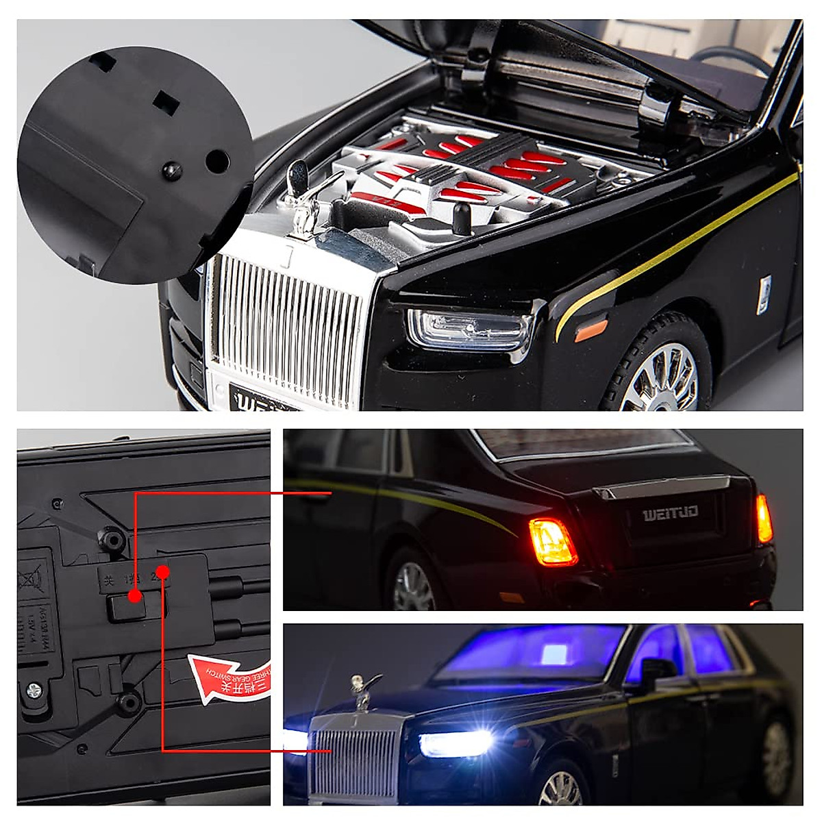 WAKAKAC 1/20 Phantom Model Car Alloy Diecast Collectible Pull Back Toy Car Classic Double Door Model Vehicle Logo Can Be Folded(Black)