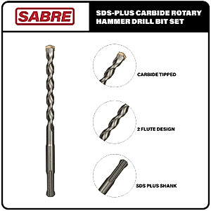 Sabre Tools 8-Piece SDS Plus Drill Bit Set, Carbide Tipped, Rotary Hammer Drill Bits for Brick, Stone, Concrete