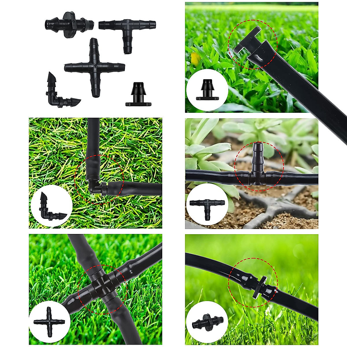 SanSanYa 400pcs Drip Irrigation Fittings Kit Drip Irrigation Barbed Connectors, 160 Straight Barbs 120 Tees 40 Elbows 40 End Plug 40 4-Way Coupling for 1/4 Inch Tubing Garden Dripping Systems