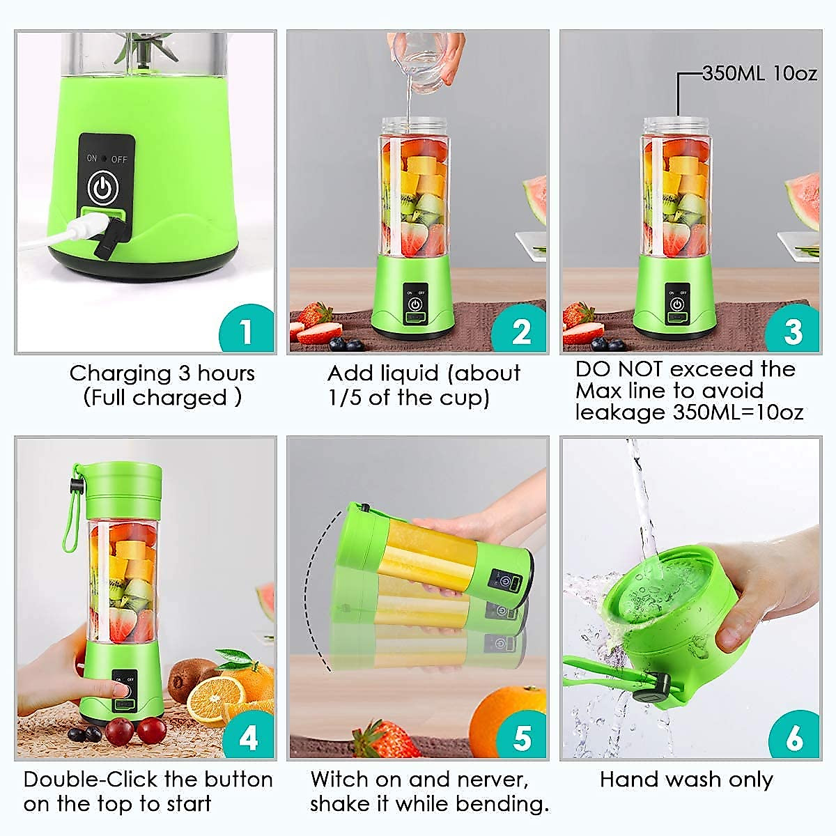 Vadaap Portable Blender, Personal Blender with USB Rechargeable Mini Fruit Juice Mixer, Personal Size Blender for Smoothies and Shakes Mini Juicer Cup Travel 380ML, Green, S