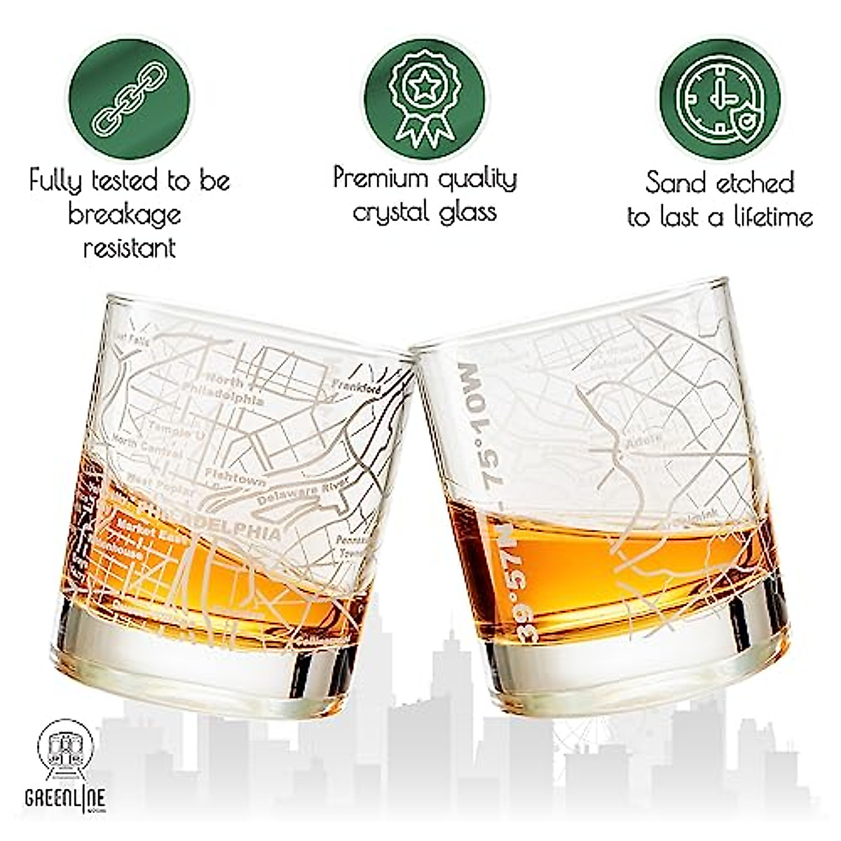 Greenline Goods Whiskey Glasses - 10 Oz Tumbler Gift Set for Philadelphia lovers, Etched with Philadelphia Map | Old Fashioned Rocks Glass - Set of 2