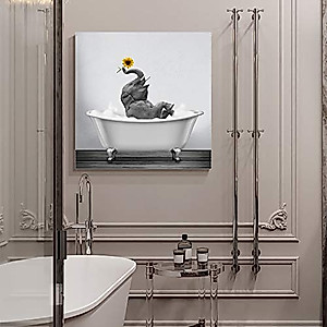 Canvas Wall Art Print Bathroom Wall Art Decor-Happy Elephant with Sunflower in Bathtub Black White Illustration Artwork Canvas Prints Stretched & Framed Ready to Hang Home Decor Wall Decor (12''x12'')