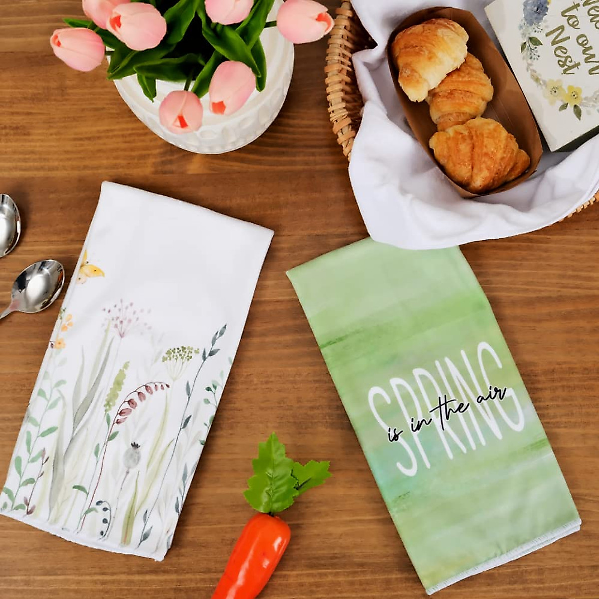 Spring Kitchen Towels for Spring Decor Flower Leaves Dish Towels 18x26 Inch Ultra Absorbent Bar Drying Cloth Spring is in the air Sign Hand Towel for Kitchen Bathroom Party Home Decorations Set of 2