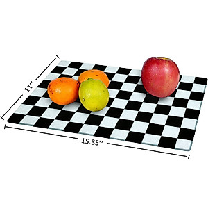 Tempered Glass Cutting Board Black and white square Chess table Tableware Kitchen Decorative Cutting Board with Non-slip Legs, Serving Board, Large Size, 15" x 11"