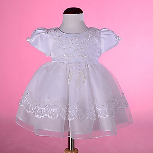 Dressy Daisy Baby Girls' Beaded Scalloped Embroideries Baptism Christening Gown Dress With Cape And Bonnet Infant Size 0-3 Months White