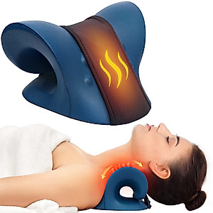 Neck Stretcher for Neck Pain Relief, Heated Cervical Traction Device Pillow with Graphene Heating Pad, Neck and Shoulder Relaxer for TMJ Pain Relief and Cervical Spine Alignment (Dark Blue)