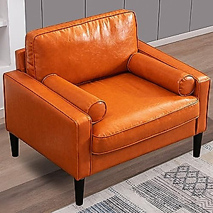 BALUS Faux Leather Accent Sofa Couch | Mid-Century Single Sofa Futon with Bolster Cushions | Upholstered Brown Furniture | Small Couch for Living Room Apartment