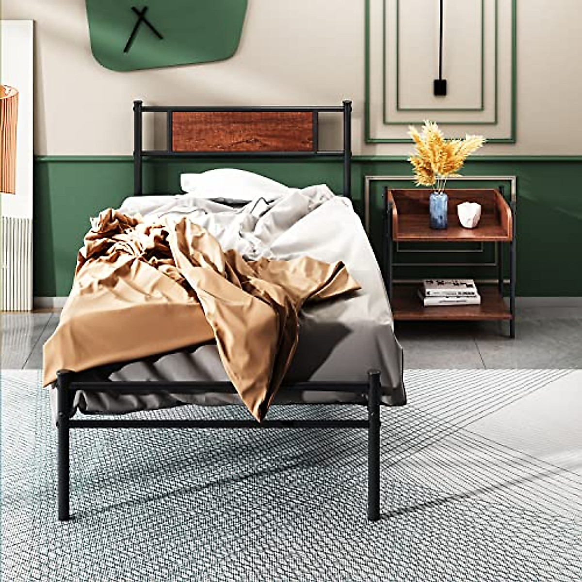 SAMTRA Nightstand, End Table with Open Wood Shelf, Bedside Tables with Steel Frame, Side Table for Bedroom, Living Room, Easy Assembly, Black and Rustic Brown