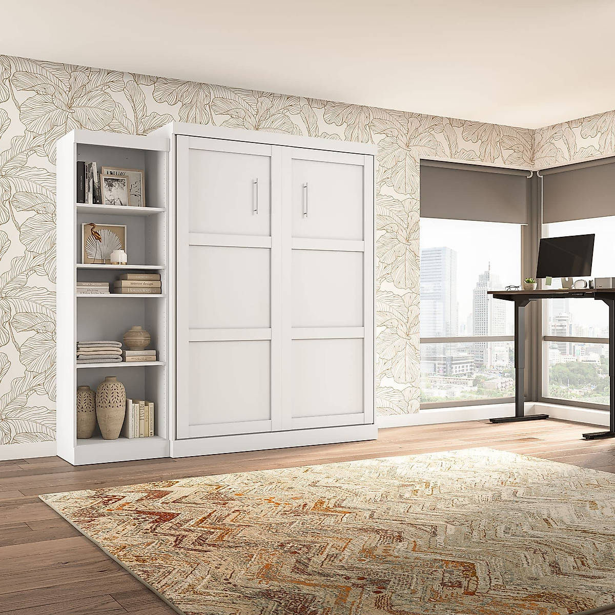 Bestar Pur Queen Murphy Bed with Shelving Unit, 90-inch Space-Saving Sleeping Arrangement for Multipurpose Area, Bedroom, Guest Room, or Living Room