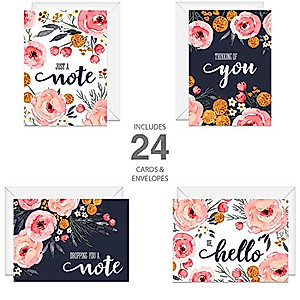 Canopy Street Watercolor Blue And Pink Floral Greeting Cards / 24 All Occasions Cards With Envelopes / 4 7/8" x 3 1/2" Thank You Cards