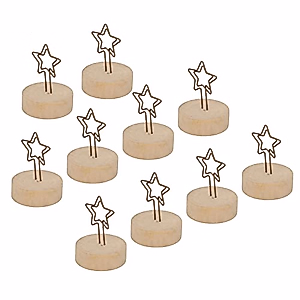 10PCS Number Holder, Wooden Base Place Card Holder, Star Shaped Iron Wire Photo Clip Table Sign Stand Number Holder Table Card Picture Memo Note Photo Picks Clip Stand for Christmas Party Wedding Home