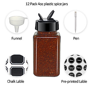 BPFY 12 Pack 4oz Clear Plastic Spice Jars With Black Plastic Lids, Square Spice Bottles, Plastic Seasoning Containers with Chalk Labels, Pen, Funnel, Spice Containers For Kitchen Cabinet