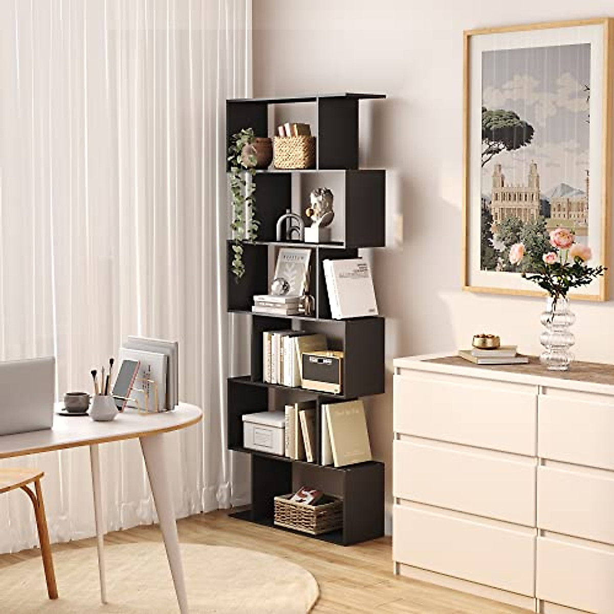 HOMEFORT Wooden Geometric Bookshelf,6-Tier S-Shaped Bookcase,6 Shelf Morden Bookshelves,Unique Freestanding Tall Book Shelf and Book Case for Bedroom and Living Room Home Office,Black