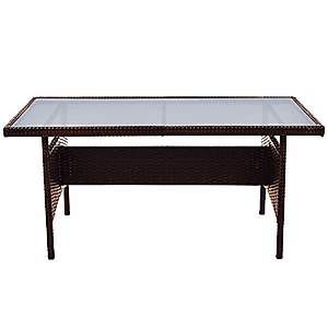 EMKK Furniture 6 pcs Outdoor Patio Sectional Couch PE Wicker Rattan Sofas Set Dining Table with Removable Cushions and Tempered Glass Tea for Backyard, Poolside, Deck, Brown +Blue