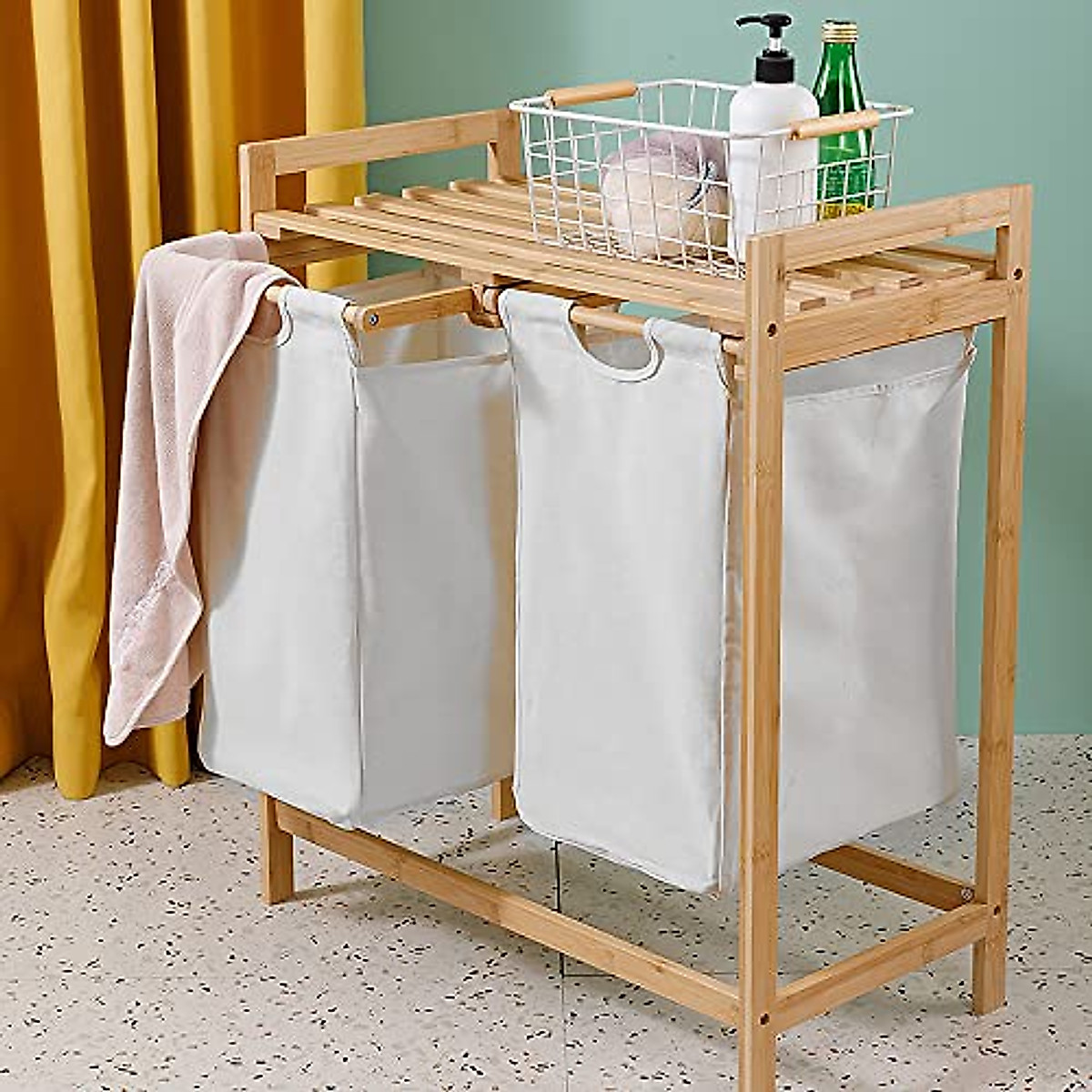 Bellglee Laundry Hamper with Shelf, 2 Sections Wooden Laundry Basket with Sliding Removable Bags, Bamboo Wood Laundry Organizer with Double Compartments, Laundry Sorter with Handles