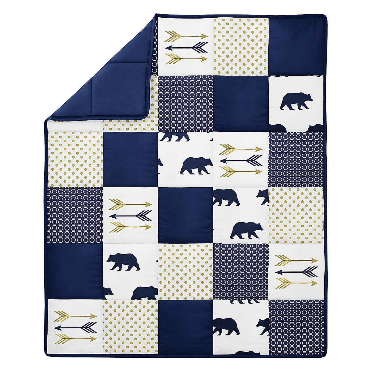 Navy Blue, Gold, and White Patchwork Big Bear Boy Baby Crib Bedding Set by Sweet Jojo Designs - 4 Pieces