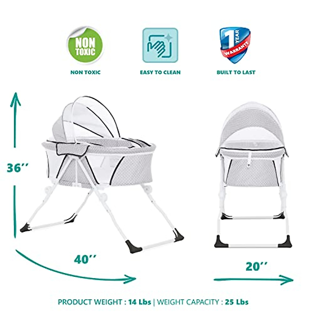 Dream On Me Karley Plus Baby Bassinet, Lightweight Compact Portable Bassinet, Easy and Quick Fold with Removable Double Canopy, Breathable Mesh Design, Storm Grey