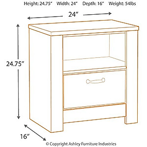 Signature Design by Ashley Bellaby Farmhouse 1 Drawer Nightstand with 1 Storage Cubby & Slim-Profile USB Charging Station, Whitewash, 15.91 in x 23.78 in x 24.61 in
