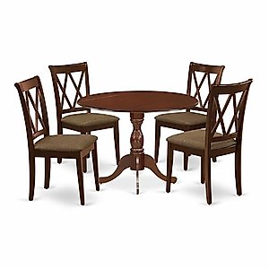 East West Furniture DMCL5-MAH-C 5 Piece Kitchen Table Set for 4 Includes a Round Dining Table with Dropleaf and 4 Linen Fabric Dining Room Chairs, 42x42 Inch, Mahogany