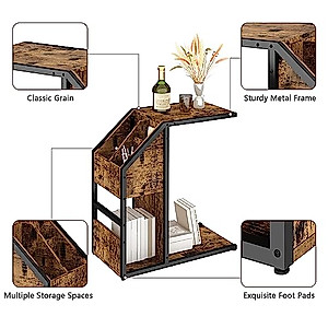AWQM C Shaped End Table with Storage Compartment, Small Side Table for Couch, Living Room, Bedroom, Industrial Style Beside Table, Sofa Table, Snack Table, Bed Side Table