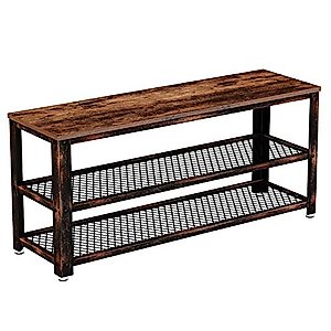 Rolanstar Shoe Bench, 3-Tier Shoe Rack, 39.4” Storage Entry Bench with Mesh Shelves Wood Seat, Rustic Foyer Bench for Hallway Front Door, Doorway, Living Room, Mudroom, Steel Frame, Rustic Brown