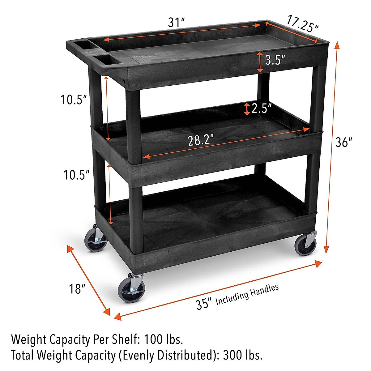 Stand Steady Tubstr 3 Shelf Utility Cart | Heavy Duty Service Cart Supports Up to 400 lbs | Tub Cart with Deep Shelves | Great for Warehouse, Garage, Cleaning, Office & More (32 x 18 / Black)