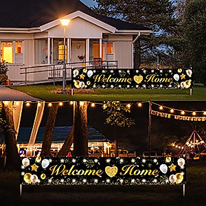 Welcome Home Banner Large Black Gold Welcome Home Yard Sign with LED String Light and Clips for Outdoor Decor Family Gathering Military Homecoming Deployment Returning Party Supplies, 9.8 x 1.6 ft
