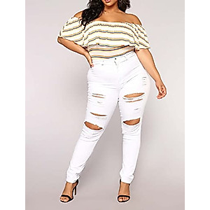 LONGBIDA Skinny Ripped Jeans for Women High Waisted Stretch Butt Lifting Jeans Slim Fit Distressed Denim Pants Pull On Jeggings Jeans(White,XXL)