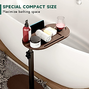 Yumkfoi Bamboo Bathtub Tray Table with Adjustable Height, Freestanding Bath Caddy Side Table for Tub Against Wall, Tub Shelf with Wine Glass Phone Holder, Functional Tray - Patent Protected (Brown)