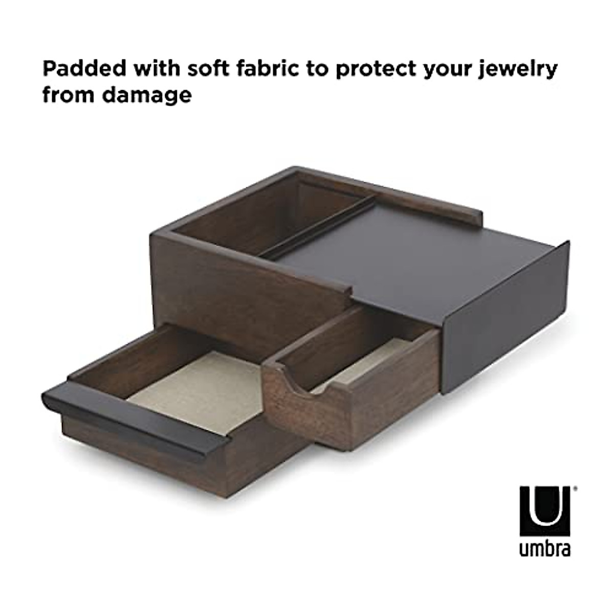Umbra Mini Stowit Jewelry Box - Modern Keepsake Storage Organizer with Hidden Compartment Drawers for Ring, Bracelet, Watch, Necklace, Earrings, and Accessories,Black/Walnut