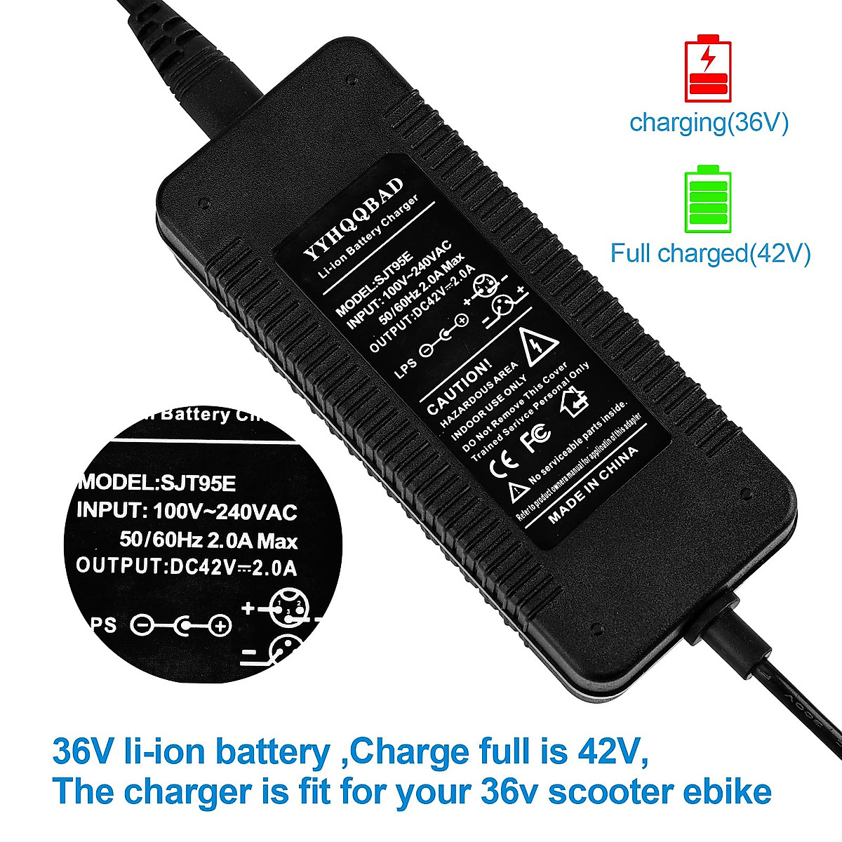 42V 2A Charger Power Adapter DC 1-Prong Connector with 3 Prong 8mm Converter for 36V Li-ion Battery Charger Compatible with Gotrax APEX Cityscape Ebike