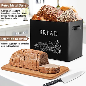 P&P CHEF Black Bread Box for Kitchen Counter, Metal Bread Storage Bin with Bamboo Cutting Lid, Large Capacity for Holding 2+ Loaves, Retro Modern Style, Size 13” x 7.2” x 9.7”