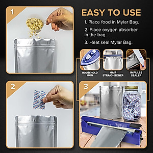 PRILUX Mylar Bags for Food Storage - 120 Stand Up Mylar Bags & Mylar Bags with Oxygen Absorbers - 10 Mil 1 Gallon, Quart & 8 Mil Small, Reusable Heat Sealable Zipper Resealable Airtight Food Storage