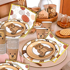 Brown Teddy Bear Baby Shower Plates - Teddy Bear Paper Plates,Disposable Cups,Napkin with Firework Pattern in Golden Border for 24 Teddy Bear Theme Party Supplies ,Baby Shower Wedding Birthday Party