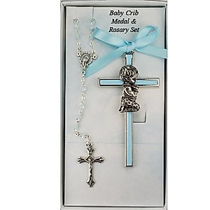 Boy Crib Cross and Rosary set cross is 3 1/2 inches great baptism christening gift keepsake gift