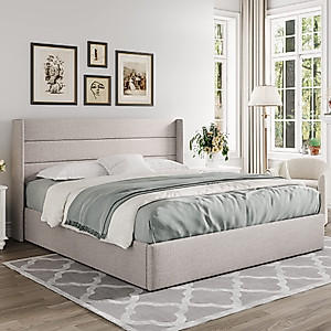 Allewie King Size Lift Up Storage Bed, Modern Wingback Headboard, No Box Spring Needed, Hydraulic Storage, Light Beige